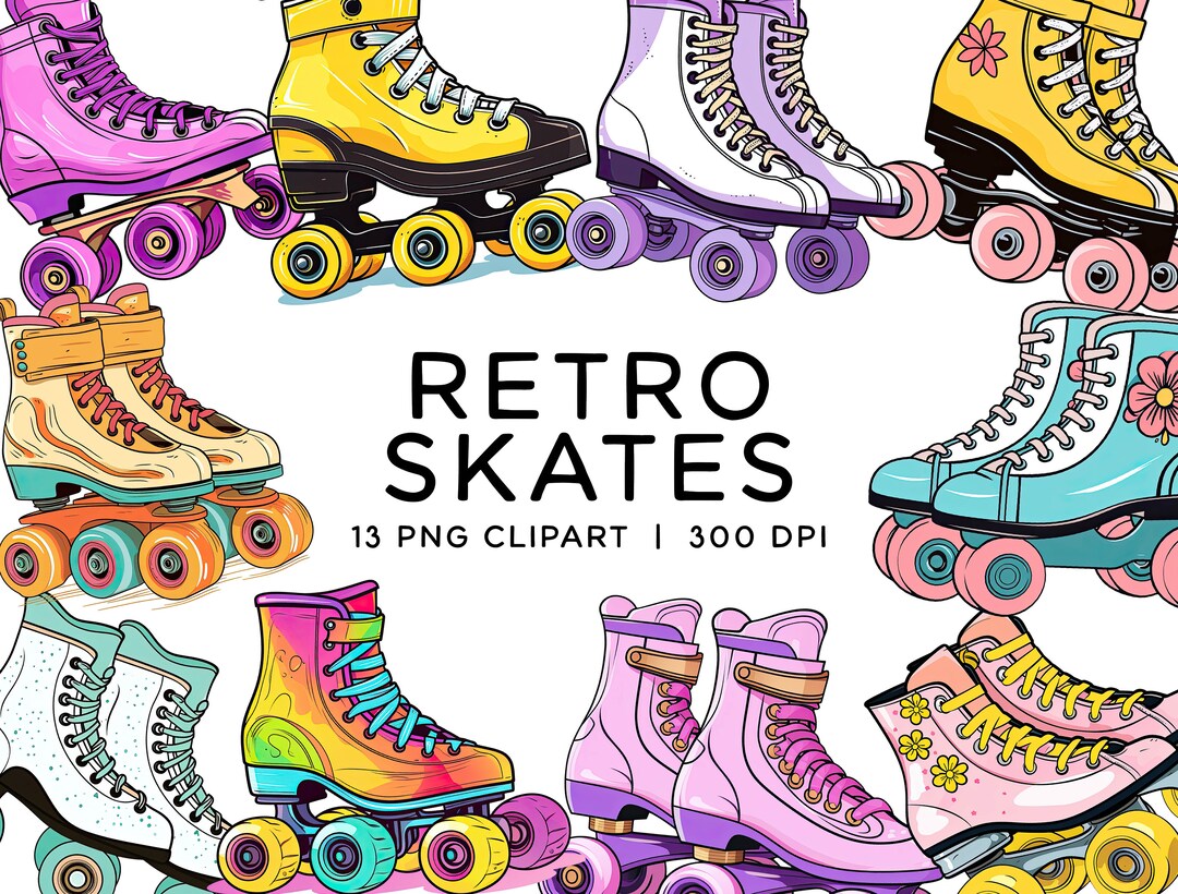 Retro Rollerskates Clipart Bundle, 90s Skates Groovy PNG Graphics ...
