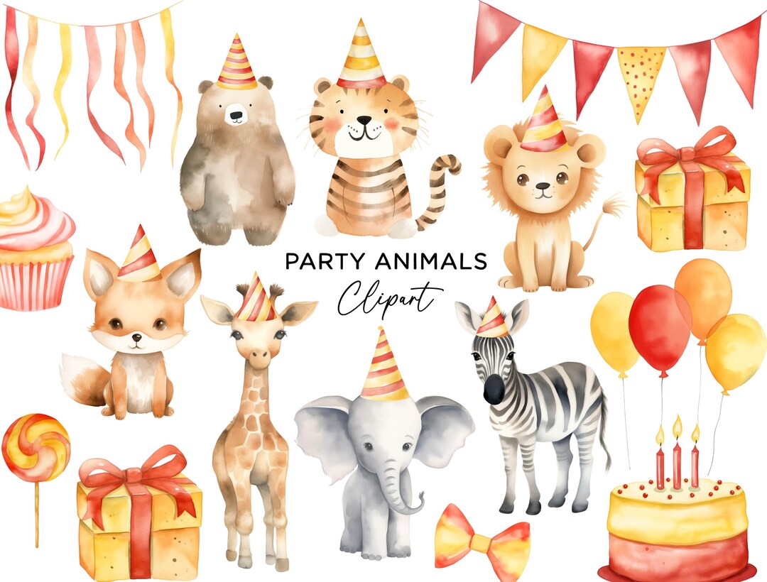 Party Animals Clipart Bundle, PNG Watercolor Red Yellow Party Supplies ...