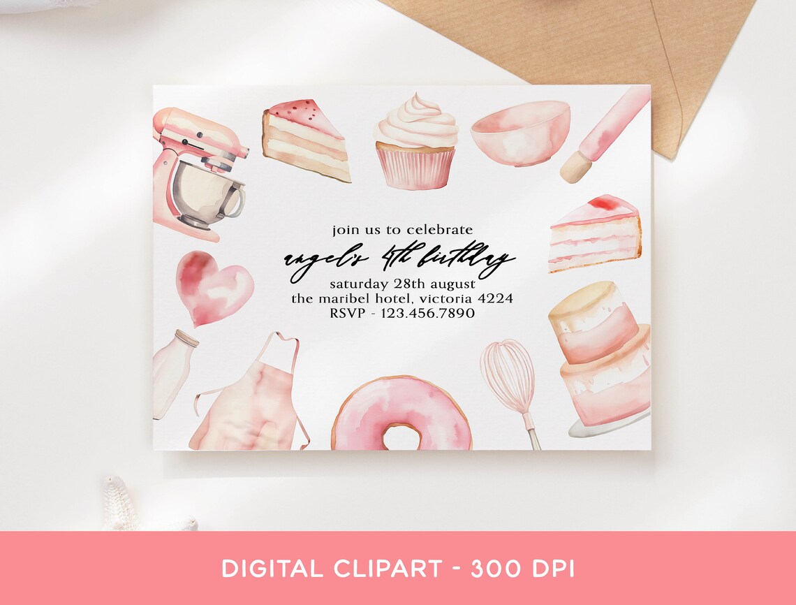 Baking Clipart Bundle Pink Bakery Watercolor Kitchen Cupcake Cake Mixer ...