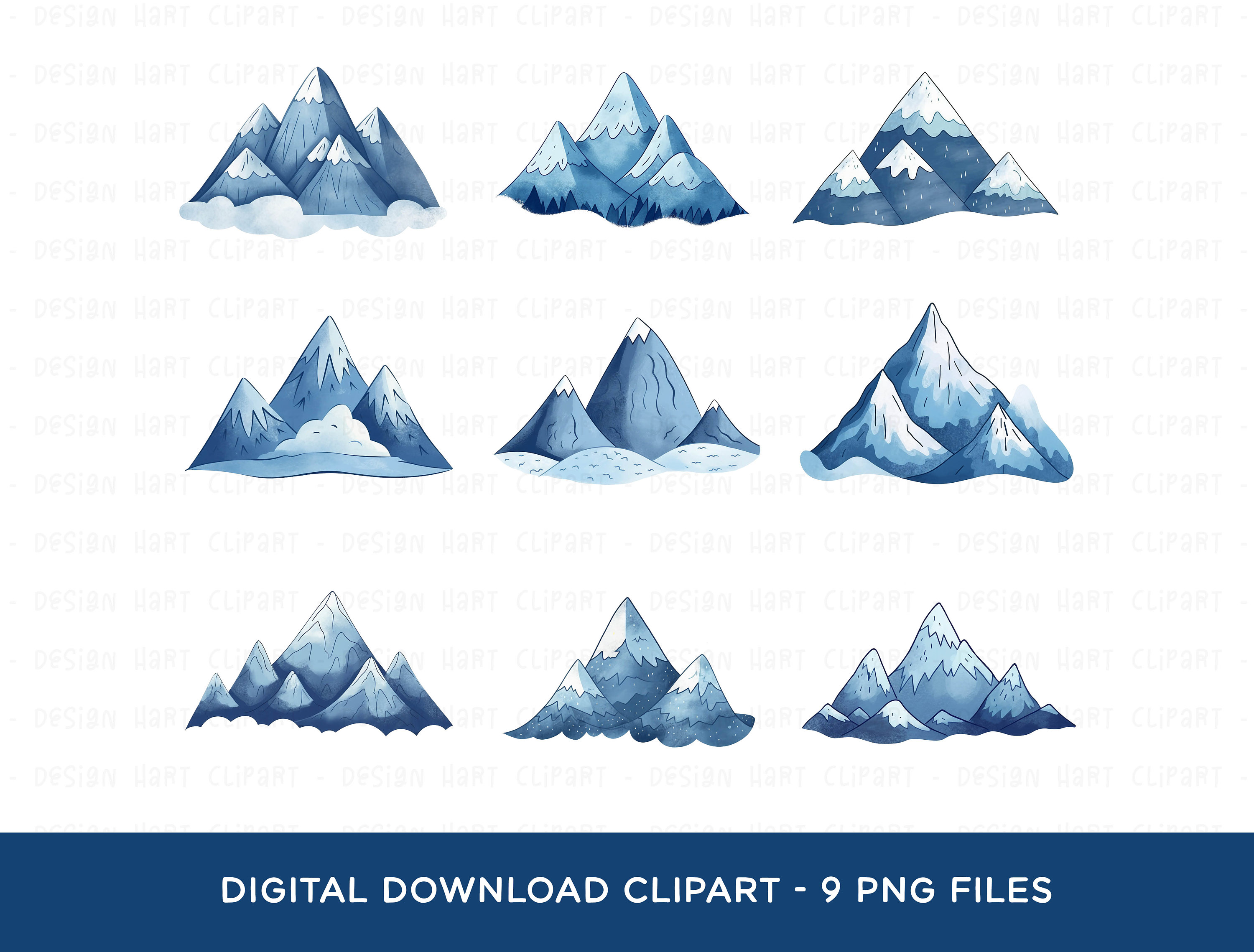 Mountains Clipart Bundle - Watercolor Blue Snowy Icy Peaks Mountains ...