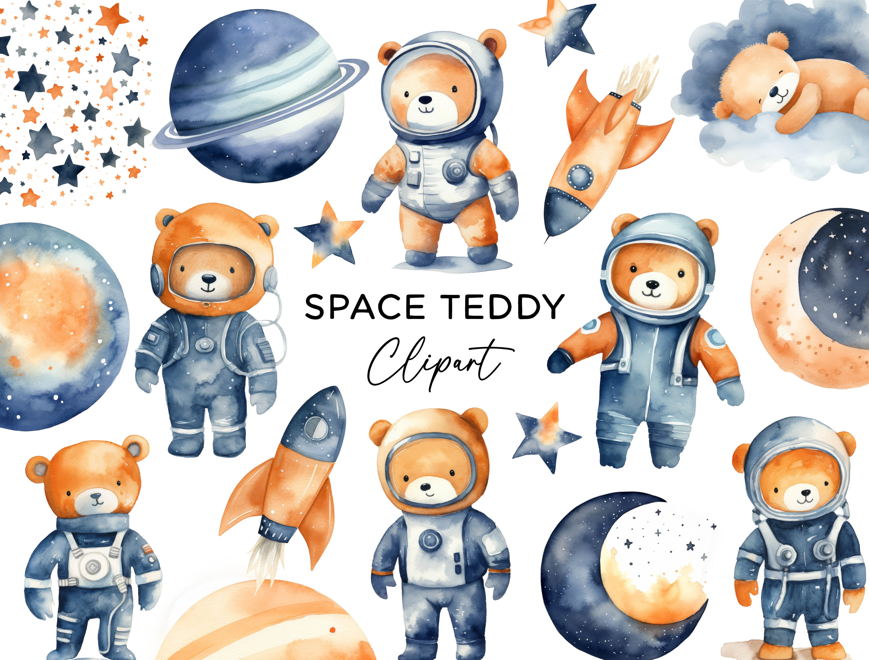 Astronaut Teddy Bear Clipart, Watercolor Outer Space Galaxy Rocket Ship ...
