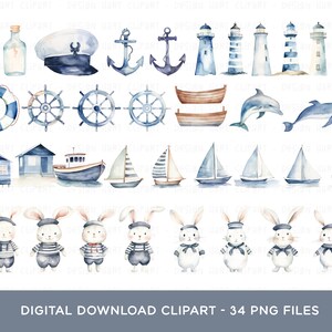 Sailor Bunny Clipart Bundle, Watercolor Captain Lighthouse Anchor Boat ...