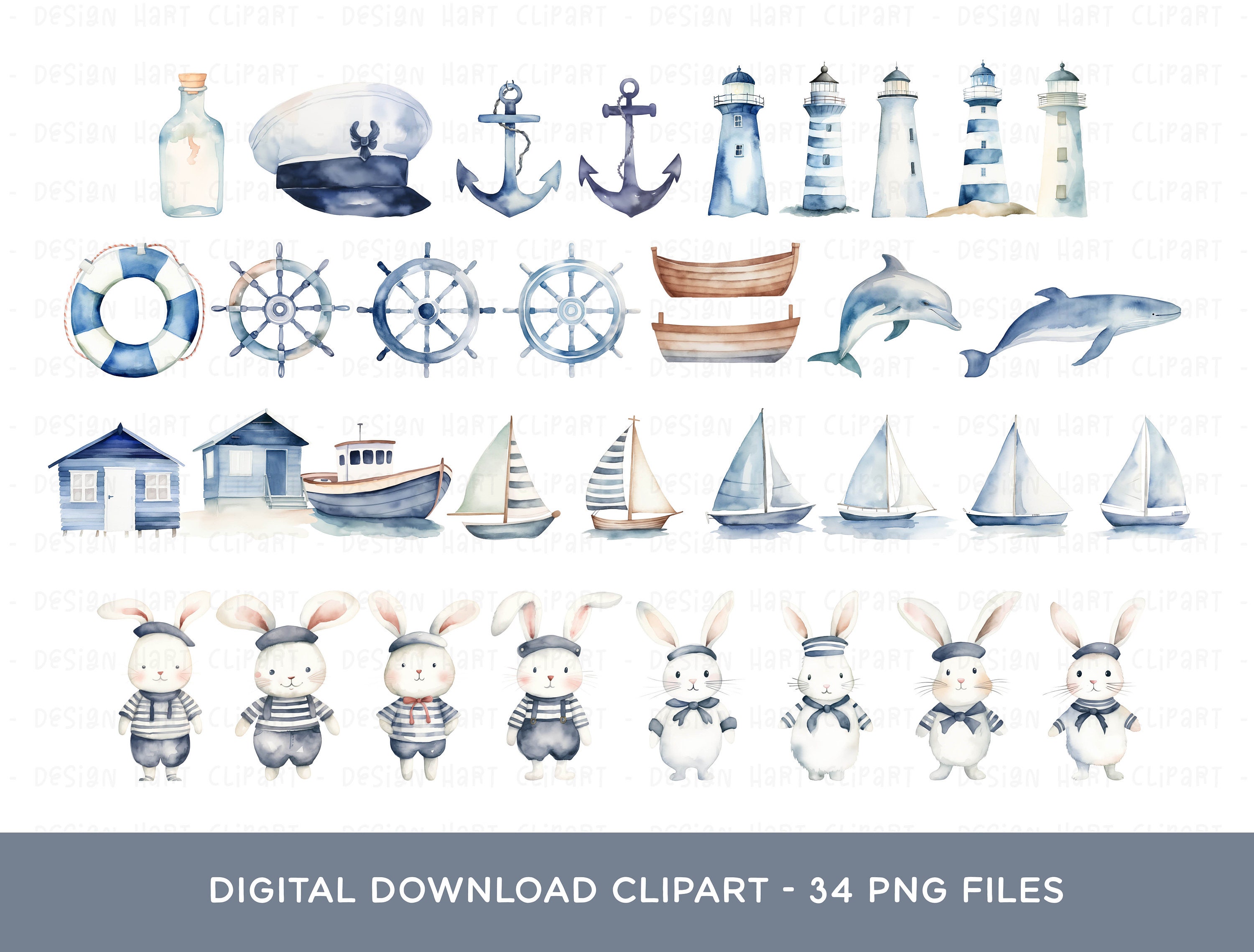 Sailor Bunny Clipart Bundle, Watercolor Captain Lighthouse Anchor Boat ...