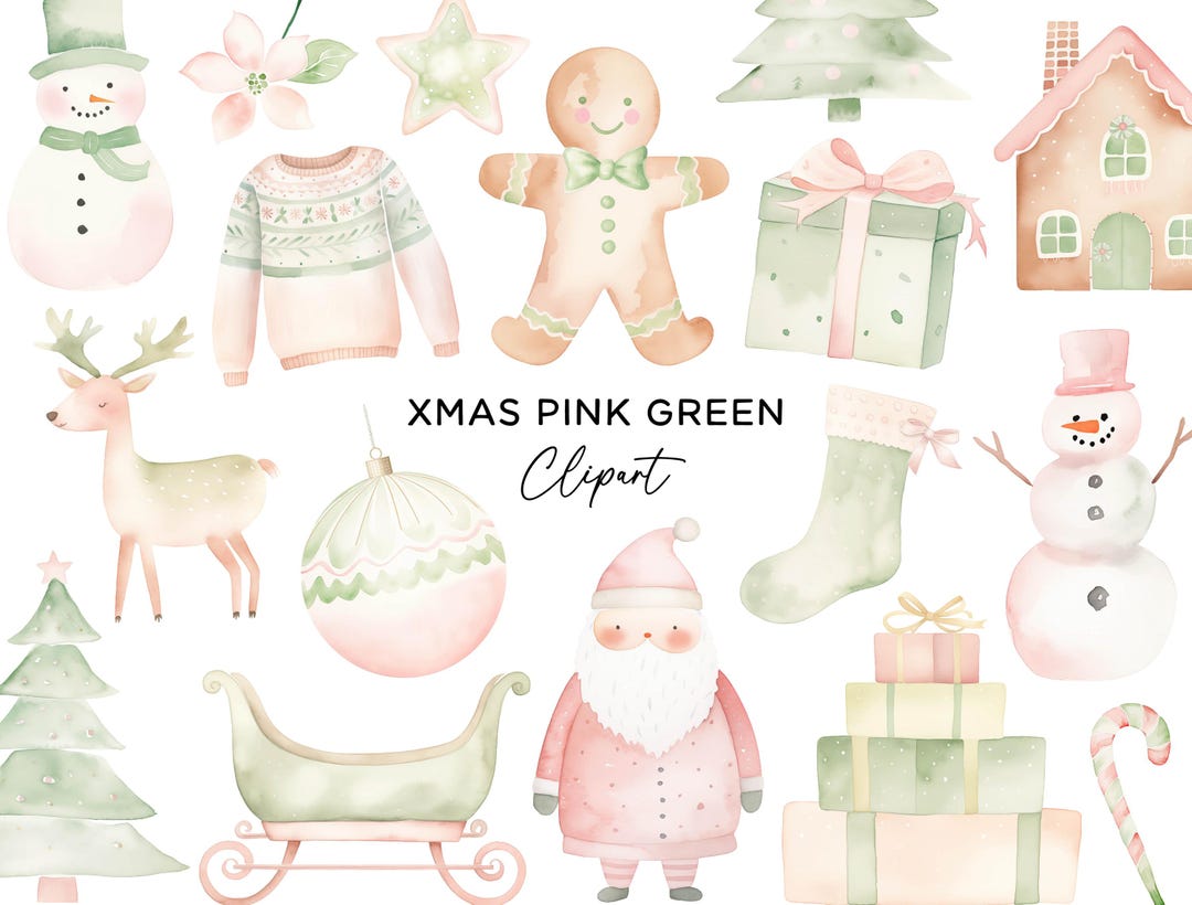 43 X Christmas Clipart Bundle, PNG Digital Download Pastel Pink Green ...
