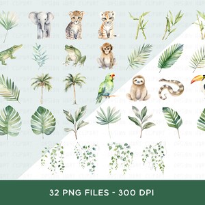 Jungle Animal Clipart Bundle, Watercolor Elephant Tiger Sloth Toucan ...