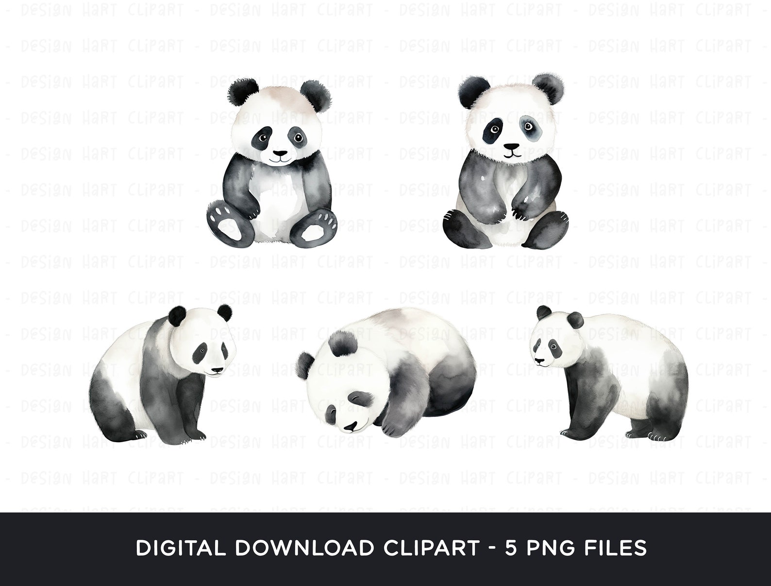 Panda Clipart Bundle, Watercolor Cute Pandas Graphics PNG Art for Party ...