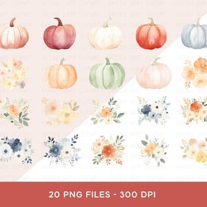 Pumpkin Clipart Bundle, PNG Digital Download Watercolor Floral Flower ...