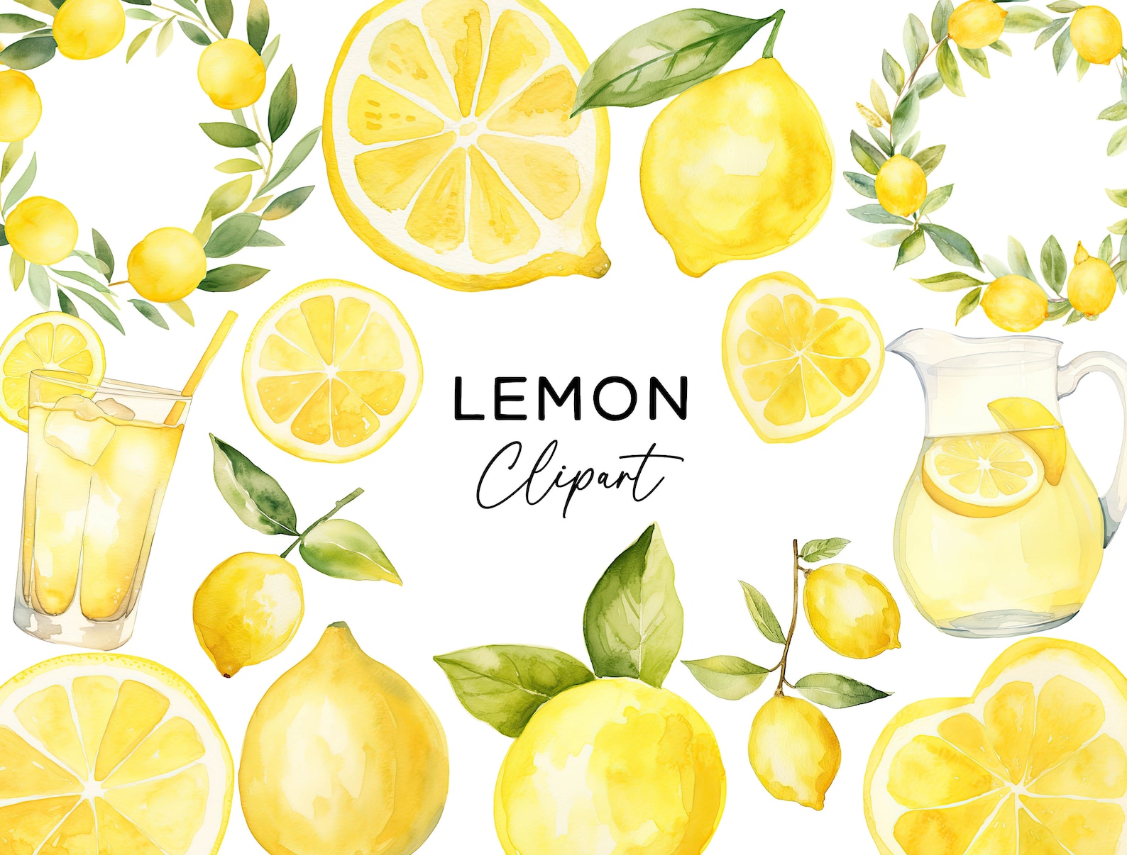 Lemon Clipart Bundle: Watercolor Yellow Lemons Wreath Lemonade PNG ...