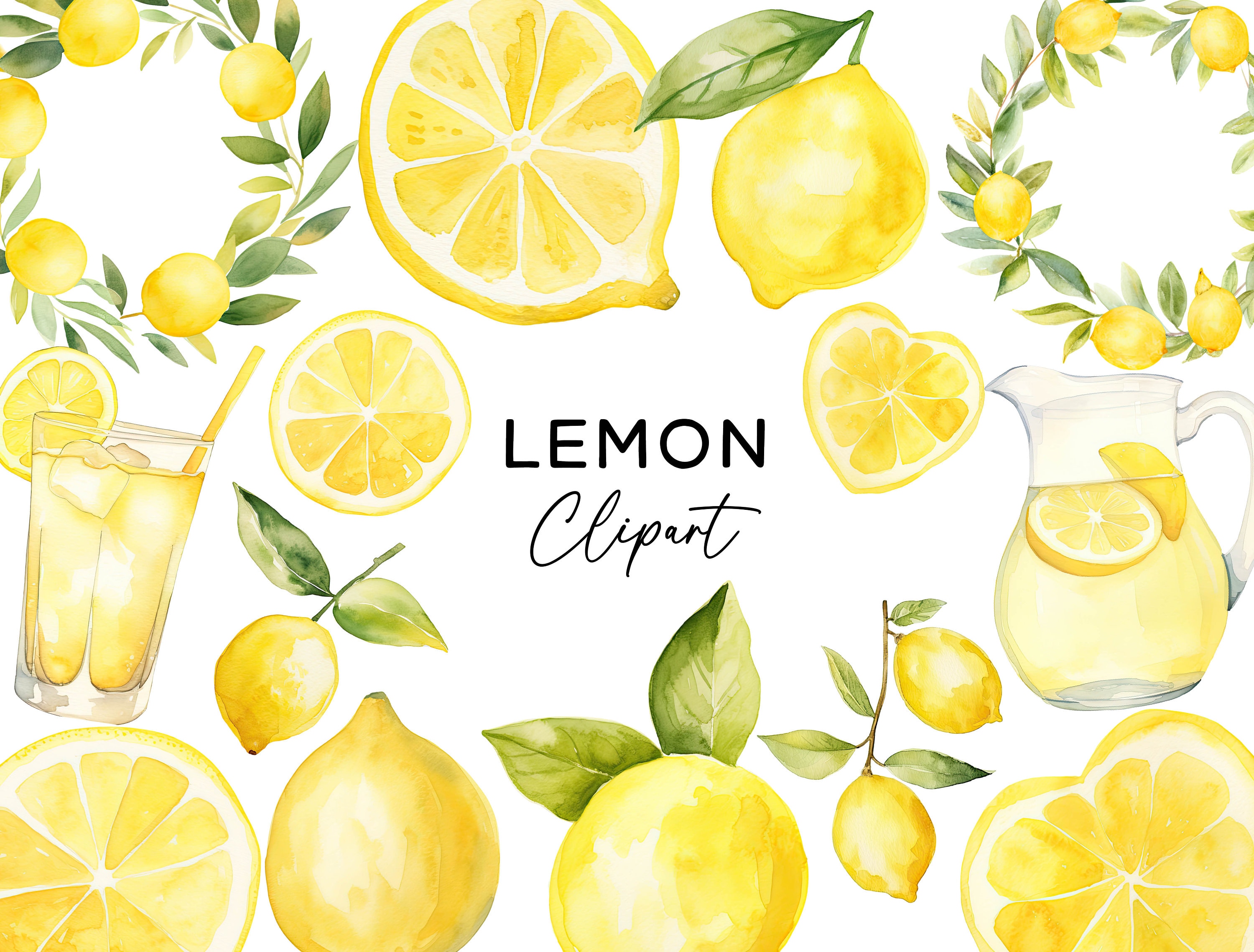 Lemon Clipart Bundle: Watercolor Yellow Lemons Wreath Lemonade PNG ...