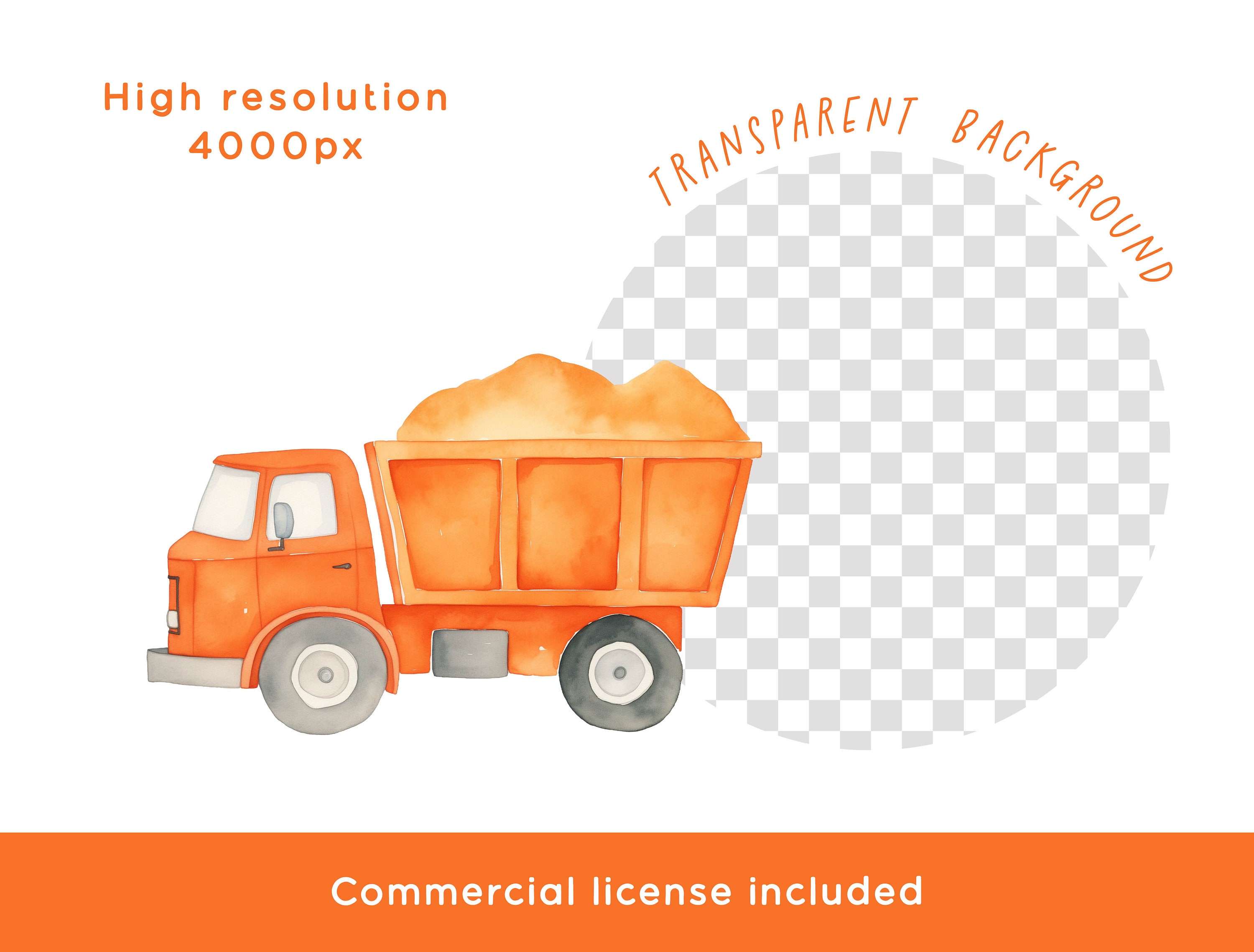 Construction Clipart Bundle, Orange Vehicles Watercolor Digger ...