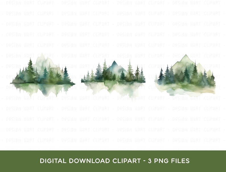 Mountain Scene Clipart Bundle, Watercolor Pine Trees Winter Christmas ...
