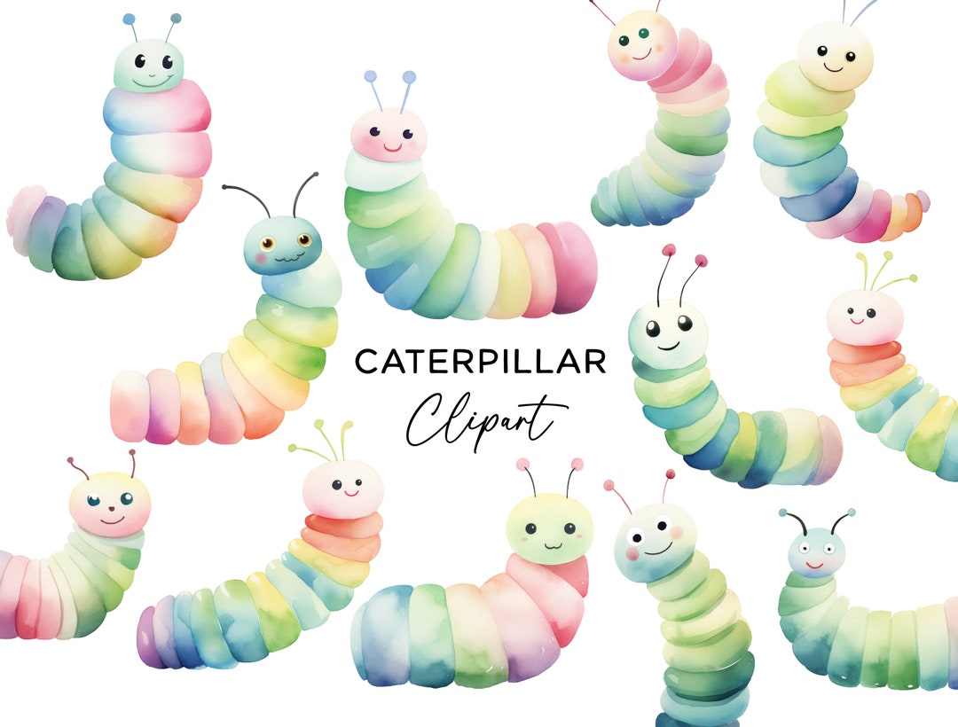 Caterpillar Clipart Bundle, Cute Rainbow Bug Caterpillars Watercolor ...