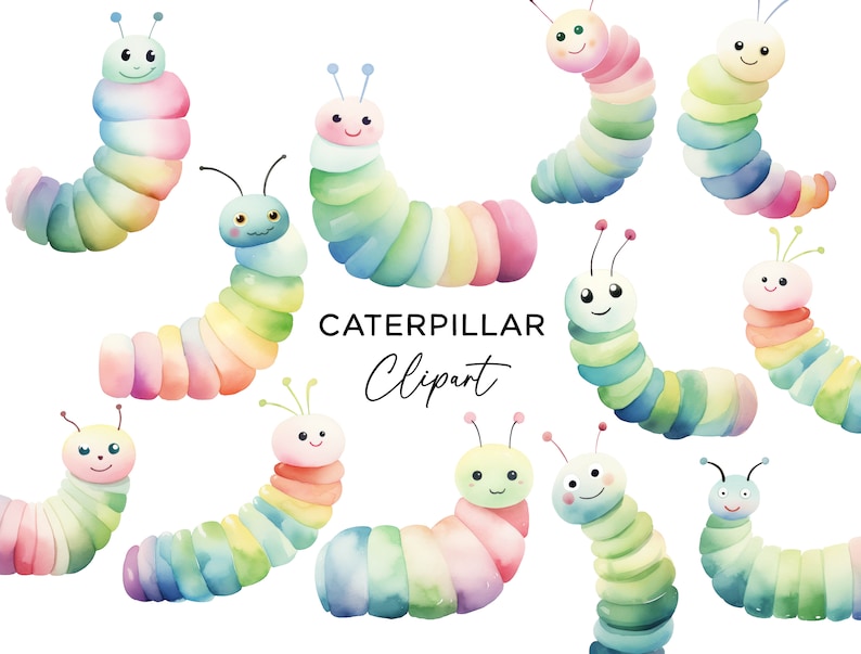 Caterpillar Clipart Bundle, Cute Rainbow Bug Caterpillars Watercolor ...