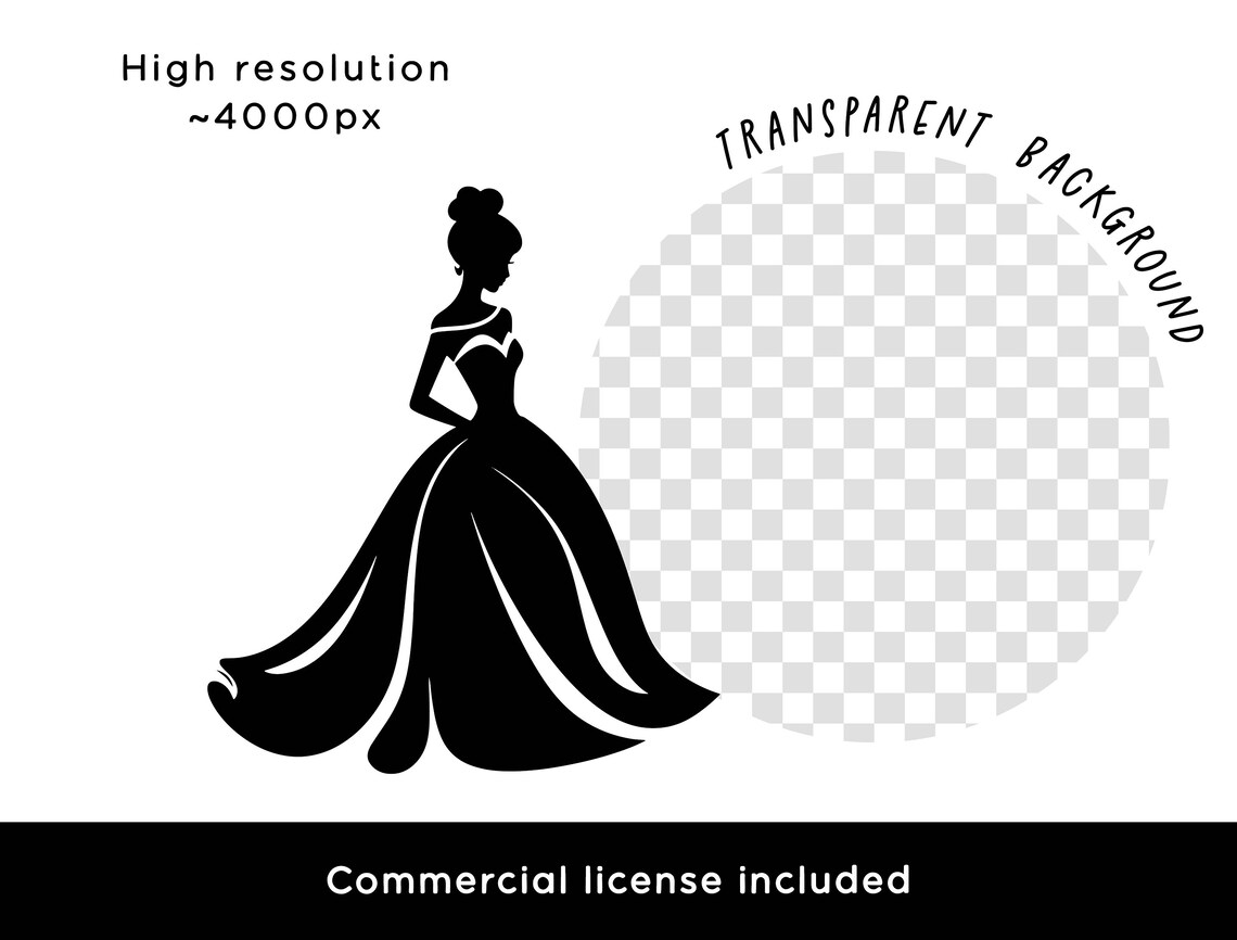 Princess Silhouette Clipart Bundle, Black & White Outline Art PNG SVG ...