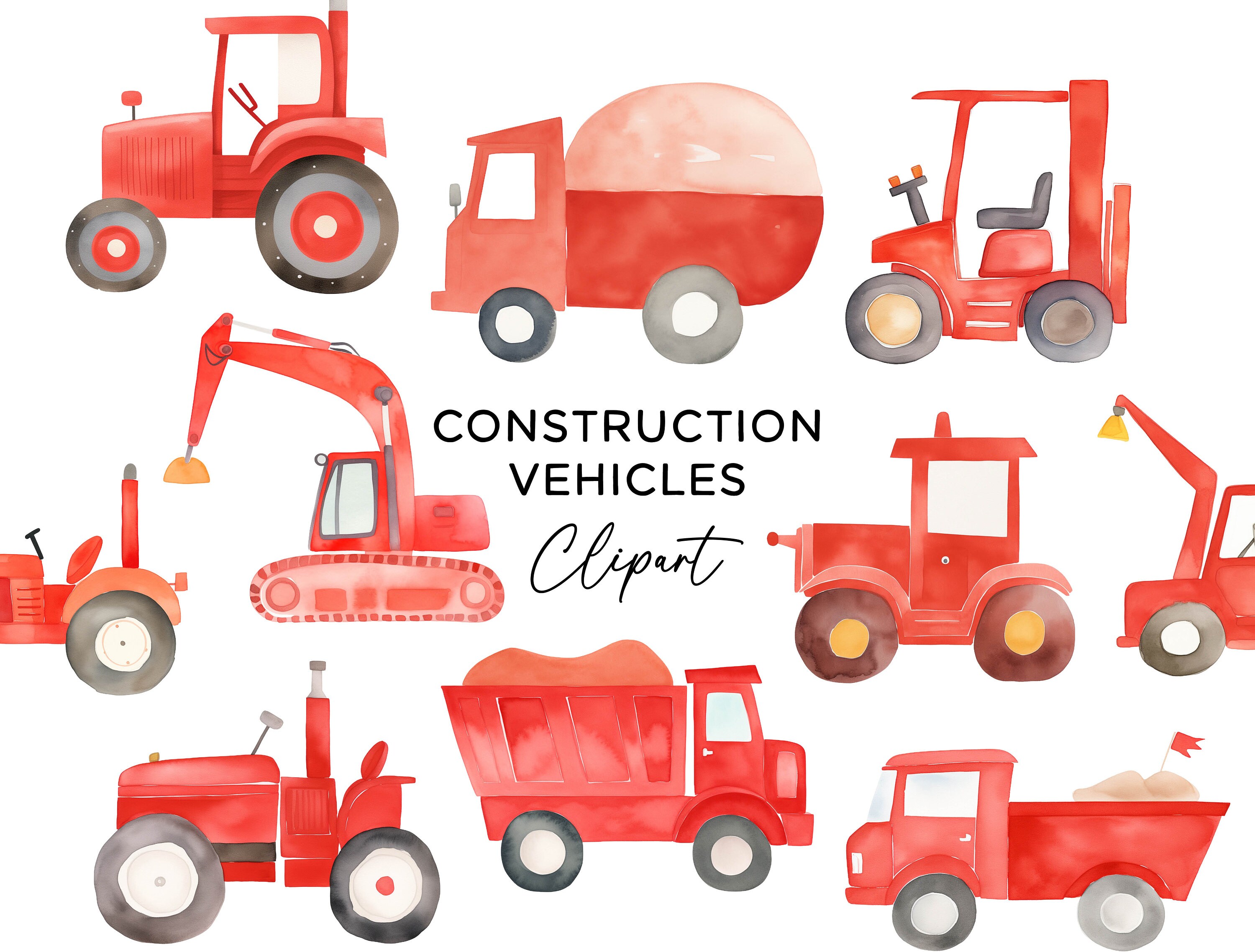 Construction Vehicle Clipart Bundle, Watercolor PNG Digital Download ...