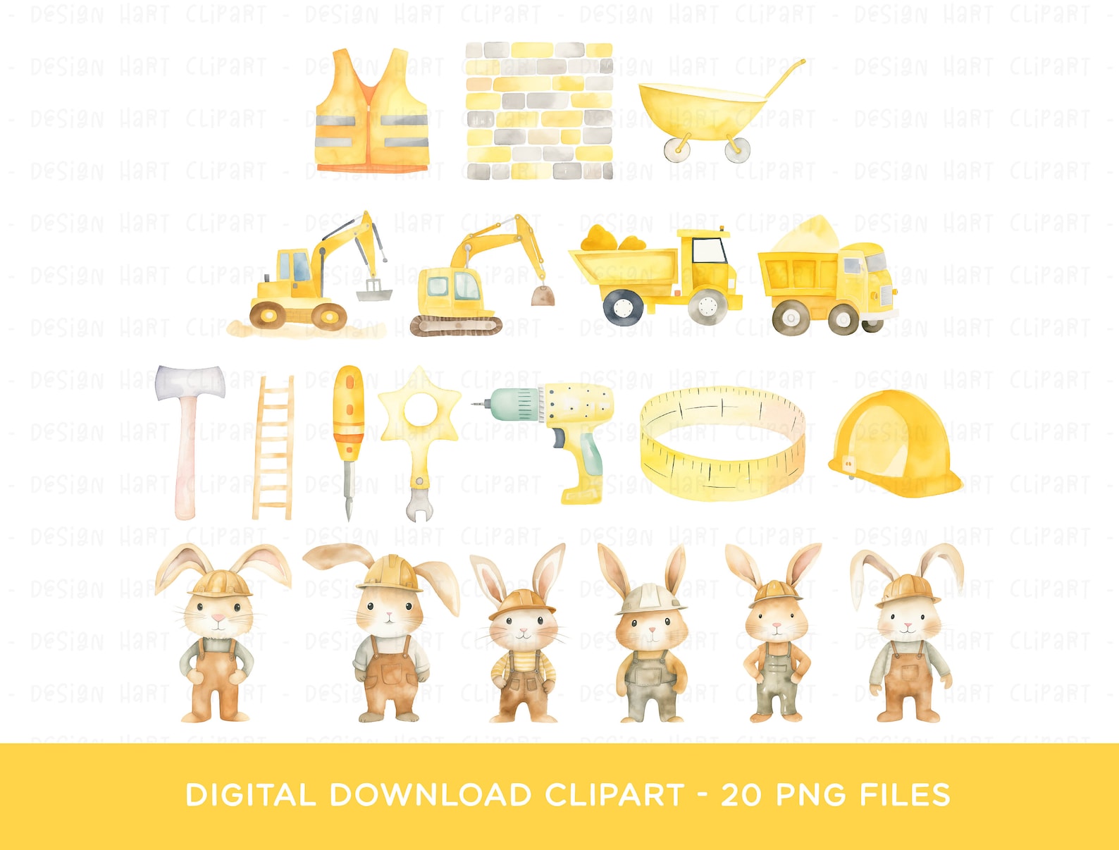 Builder Bunny Clipart Bundle, Construction Rabbit Digger Excavator Dump ...