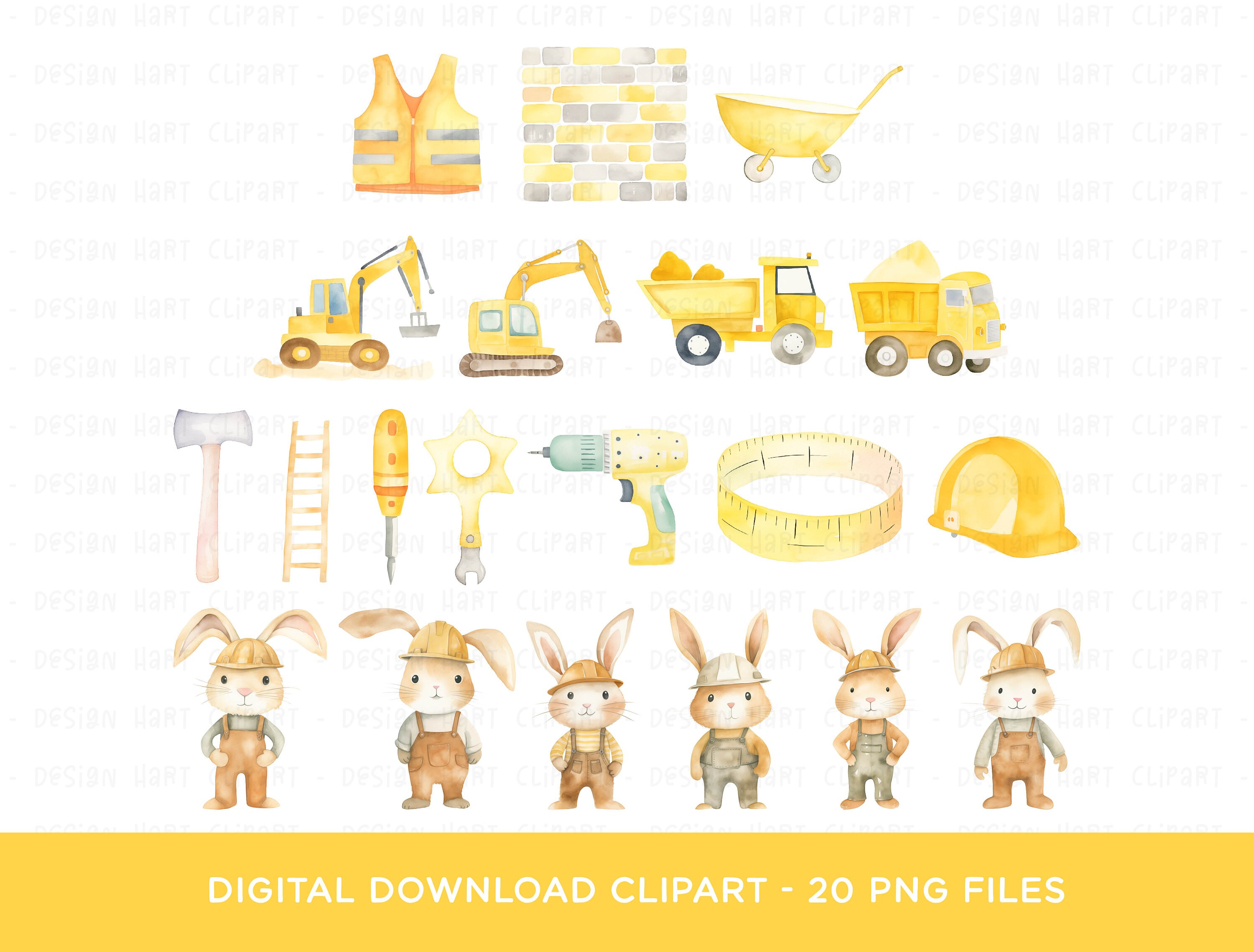 Builder Bunny Clipart Bundle, Construction Rabbit Digger Excavator Dump ...