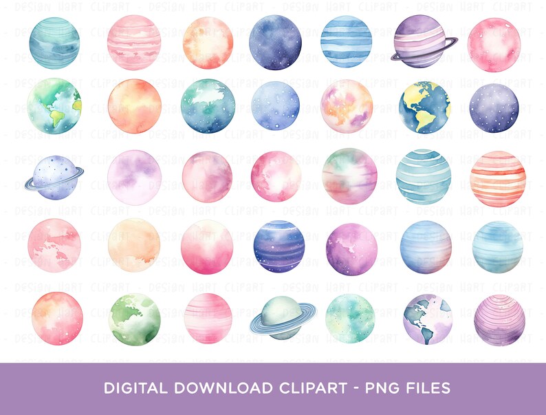 Planets Clipart Bundle, Watercolor Pastel Galaxy Solar System PNG ...