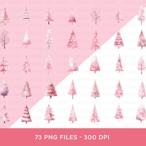 Pink Christmas Tree Clipart Bundle, Pastel Watercolor Xmas Trees PNG ...
