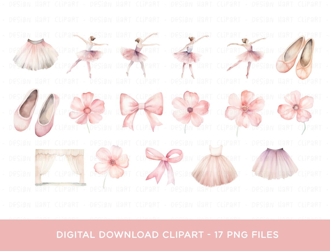 Ballet Clipart Bundle Set, Ballerina Dancer Watercolor Tutu Floral Bow ...