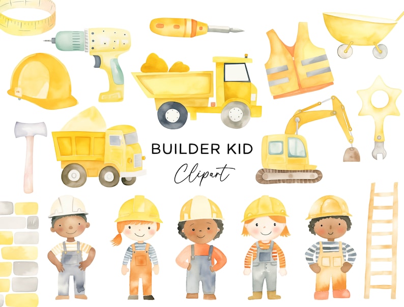 Builder Clipart Bundle, Construction Vehicles PNG Watercolor Digger ...