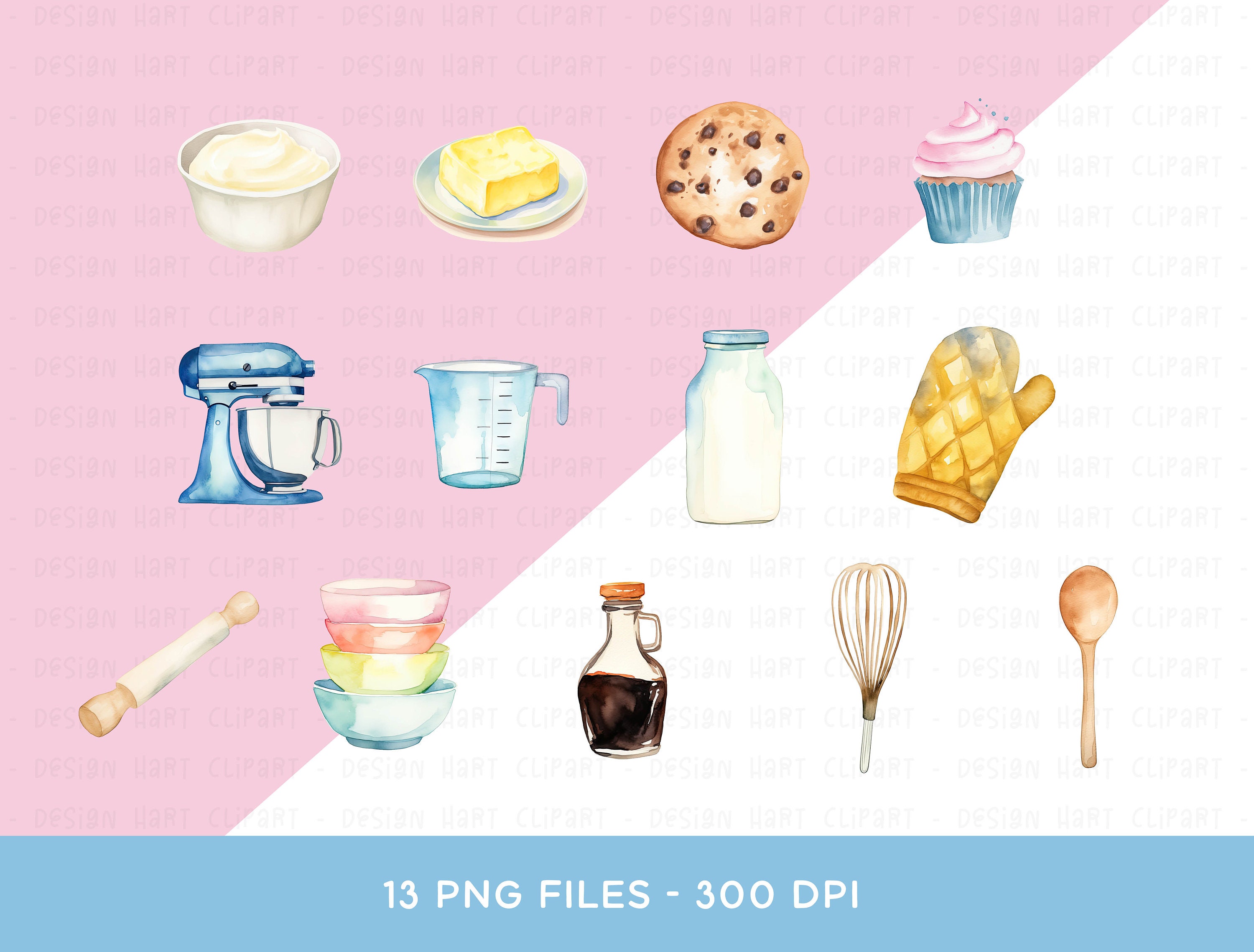 Baking Clipart Bundle, Watercolor Kitchen Utensils Pastel Bakery ...