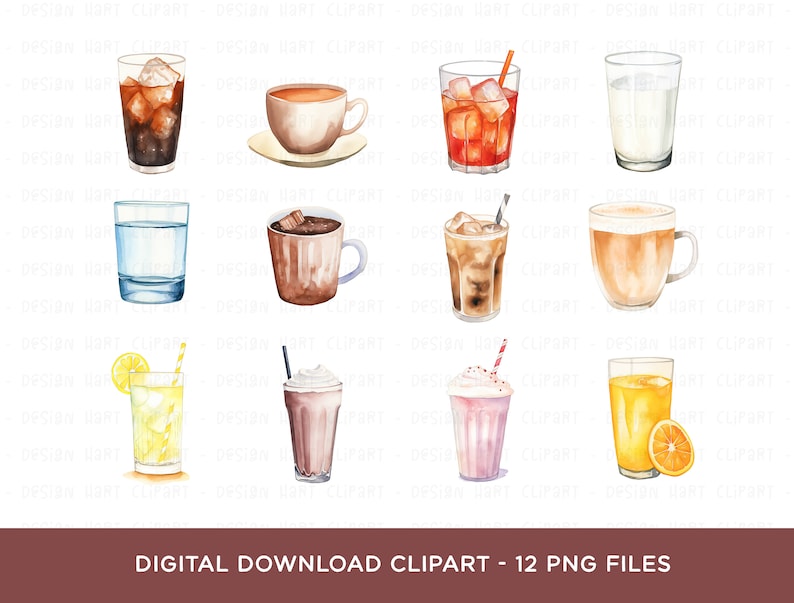 Drinks Clipart Bundle, Watercolor Coffee Juice Milkshake Soda Cola ...
