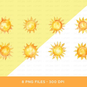 Watercolor Sun Clipart Bundle, Smiling Happy Sun, PNG Sublimation ...