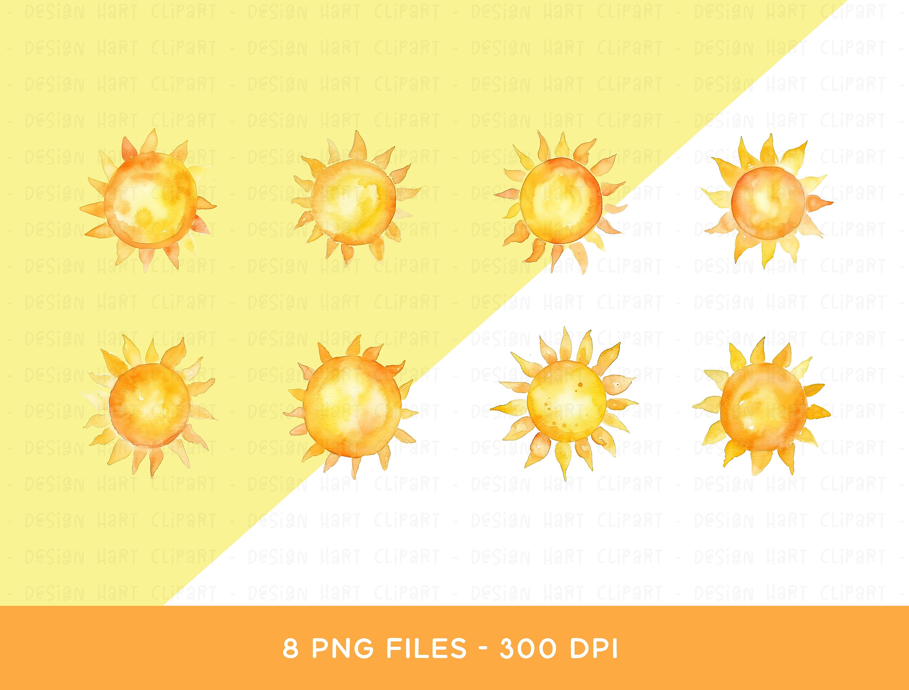 Watercolor Sun Clipart Bundle, Smiling Happy Sun, PNG Sublimation ...