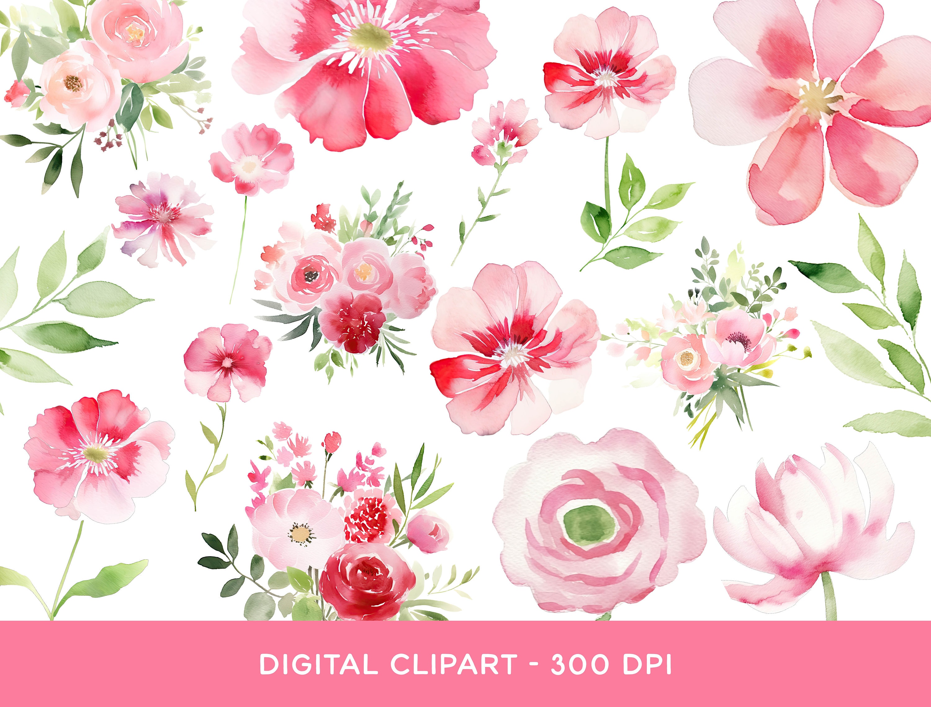 Watercolor Flowers Clipart Bundle Pink Floral Elements - Etsy