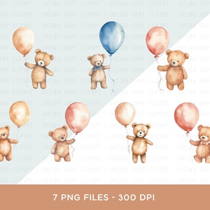 Teddy Bear Clipart Bundle - Watercolor Teddy Balloon PNG for Baby ...