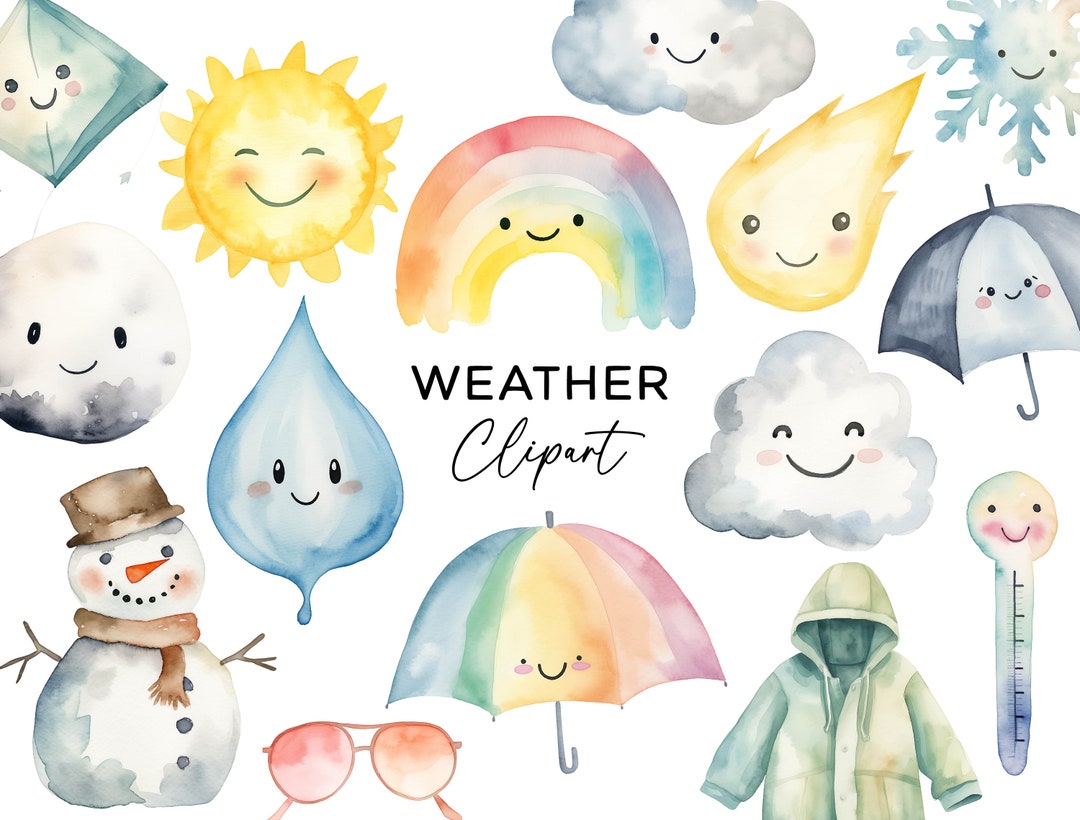 Weather Clipart Bundle, Watercolor Sun Cloud Rainbow Umbrella Moon Rain ...