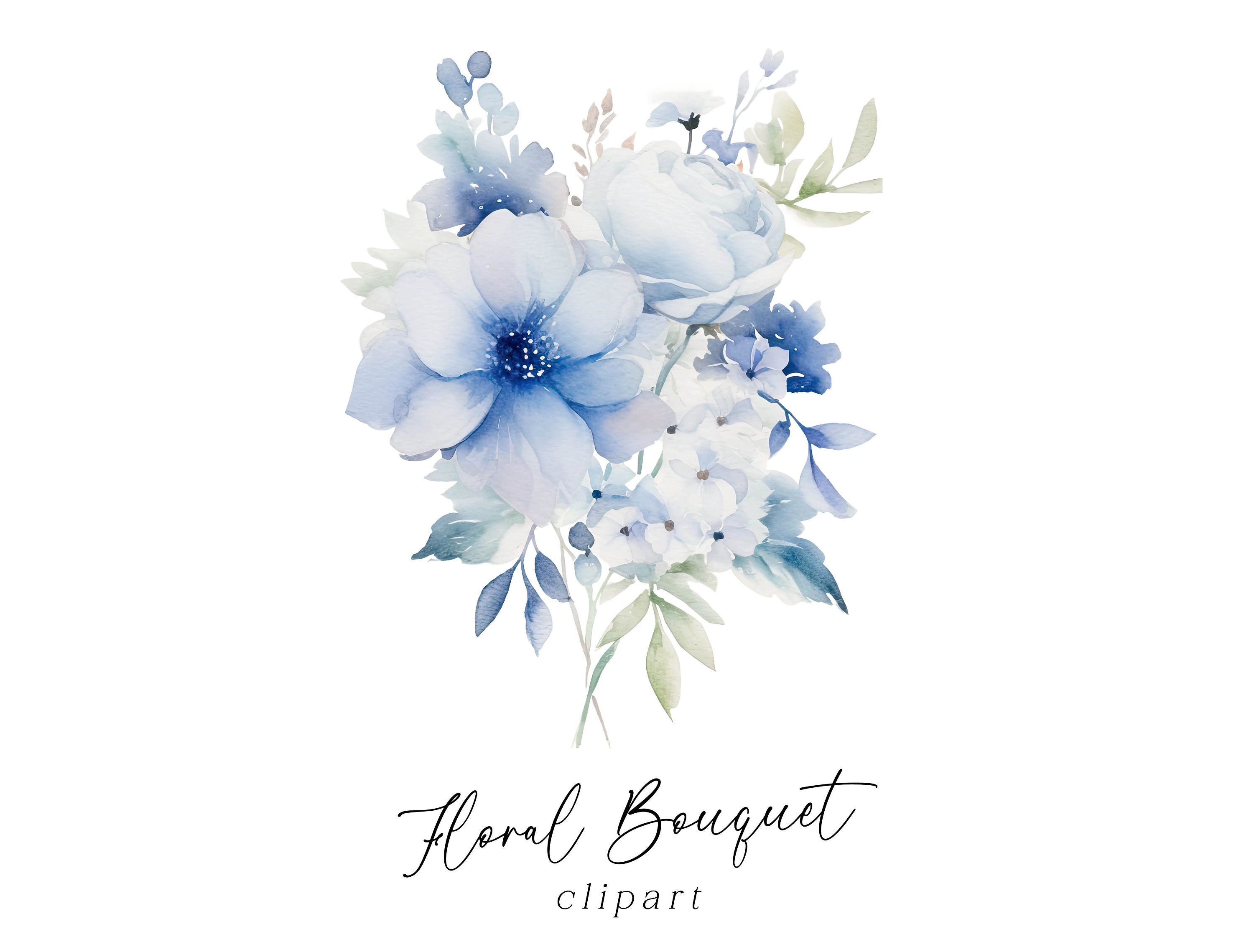 Flower Bouquet Clipart - Watercolor Winter Blue & White Floral Bunch ...