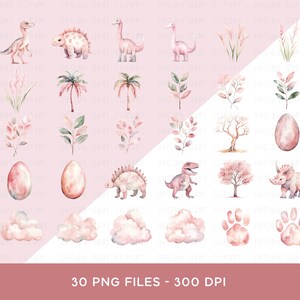 Dinosaur Clipart Bundle, Watercolor Girls Pink T-rex Prehistoric Dino ...