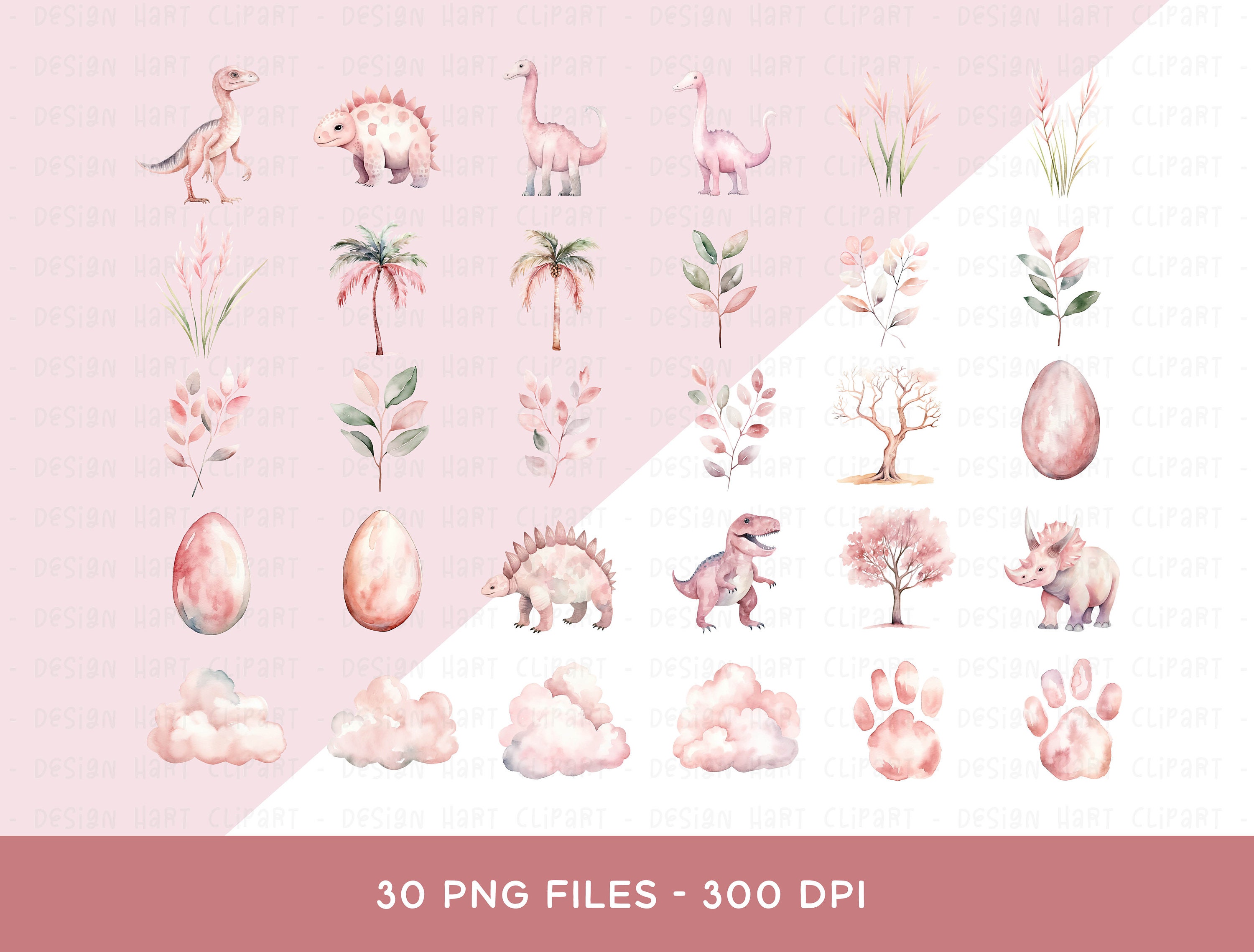 Dinosaur Clipart Bundle, Watercolor Girls Pink T-rex Prehistoric Dino ...