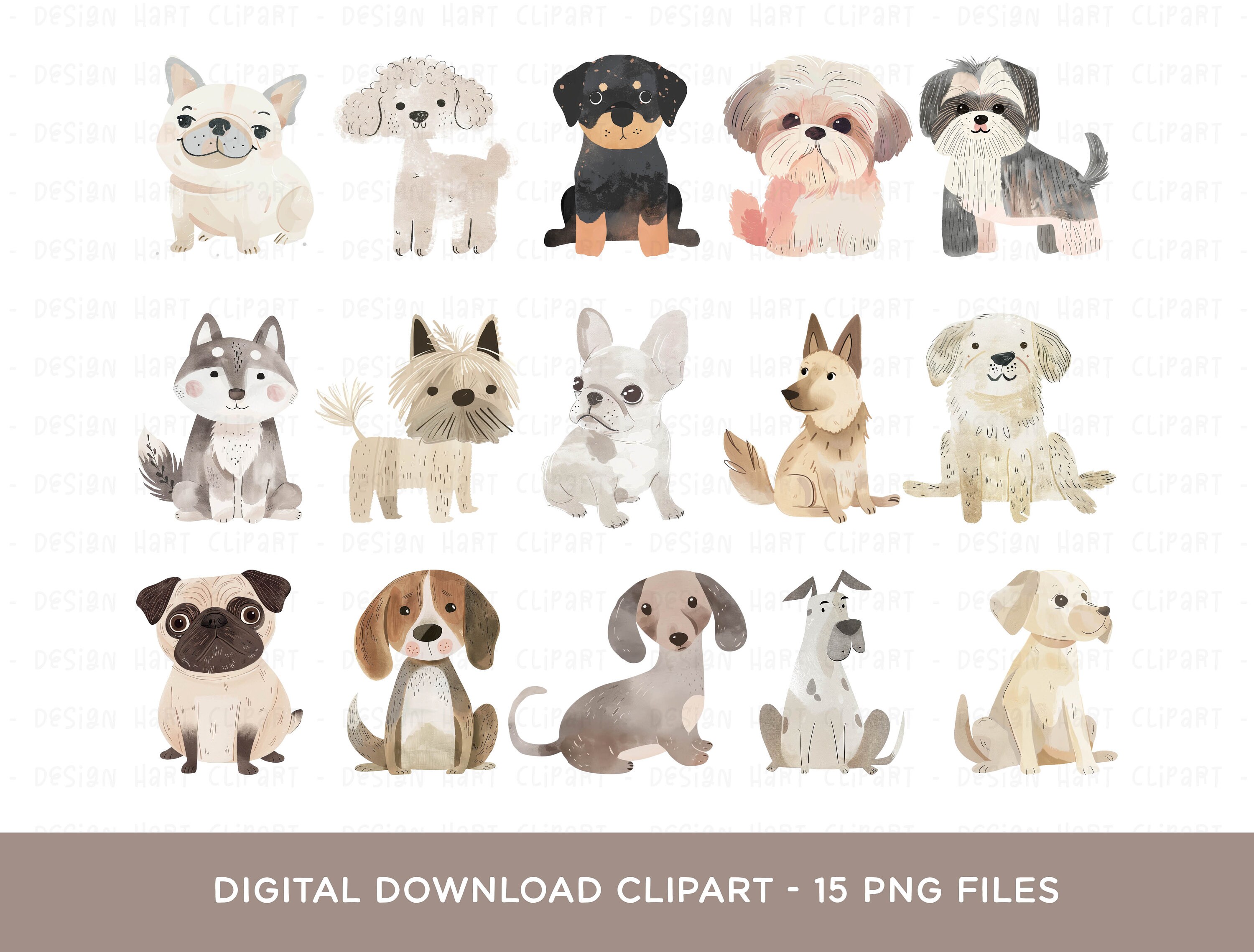 Cute Dog Clipart Bundle, Watercolor Puppy Breeds Poodle Bulldog Pug PNG ...