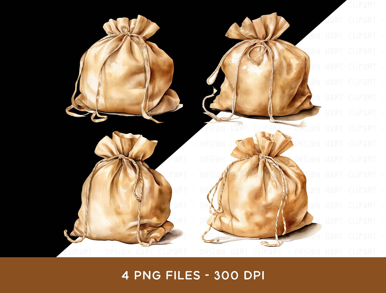 Christmas Sack Clipart Bundle, Watercolor Santa Sacks, Gold PNG ...