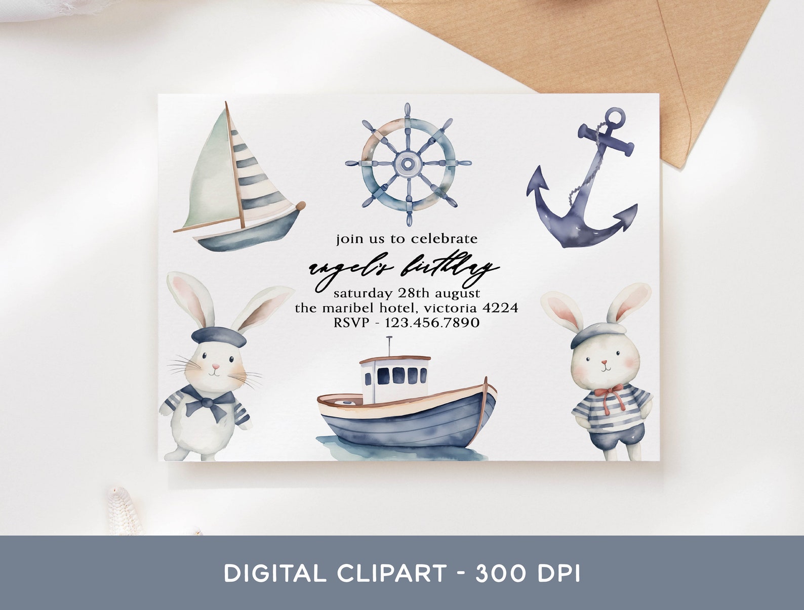 Sailor Bunny Clipart Bundle, Watercolor Captain Lighthouse Anchor Boat ...
