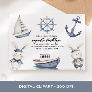 Sailor Bunny Clipart Bundle, Watercolor Captain Lighthouse Anchor Boat ...