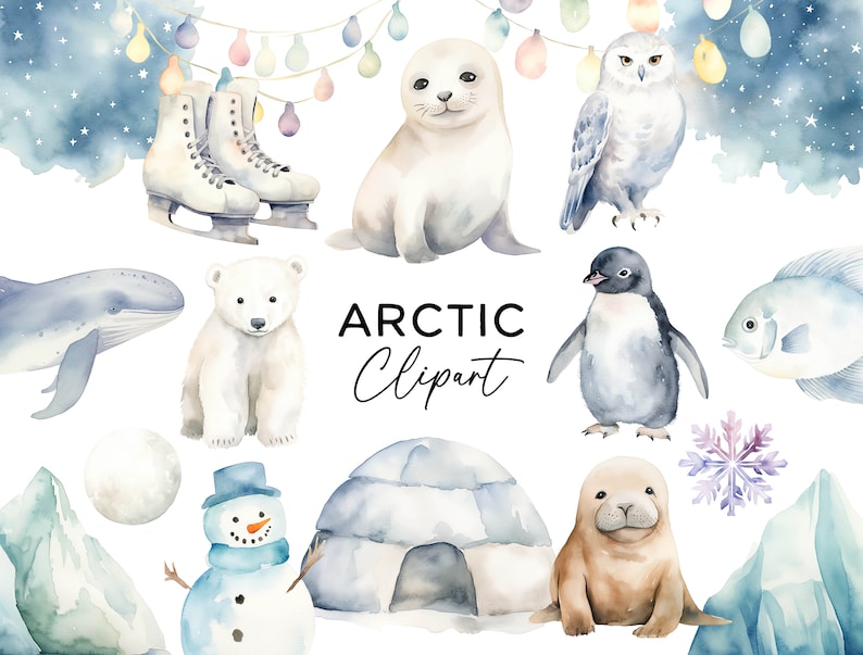 Arctic Animals Clipart Bundle - Watercolor Seal Penguin Whale Iceberg ...