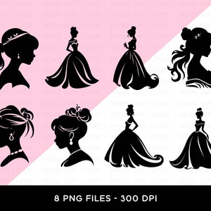 Princess Silhouette Clipart Bundle, Black & White Outline Art PNG + SVG ...