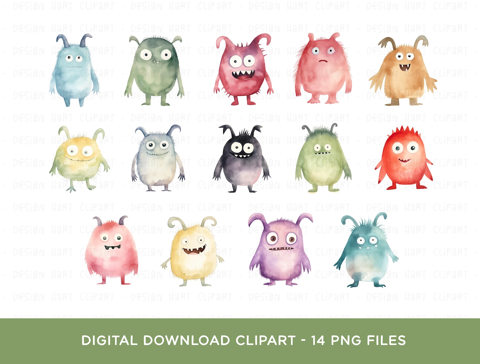 Monster Clipart Bundle - Watercolor Cute Smiling Happy Monsters ...