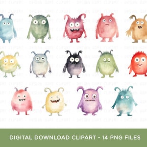 Monster Clipart Bundle - Watercolor Cute Smiling Happy Monsters ...