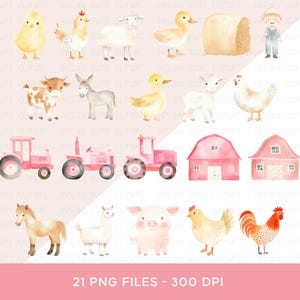 Farm Animal Clipart Bundle, Watercolor Pink Barnyard Pig Cow Horse ...