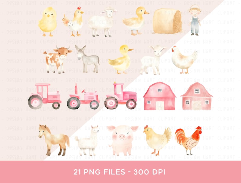 Farm Animal Clipart Bundle, Watercolor Pink Barnyard Pig Cow Horse ...