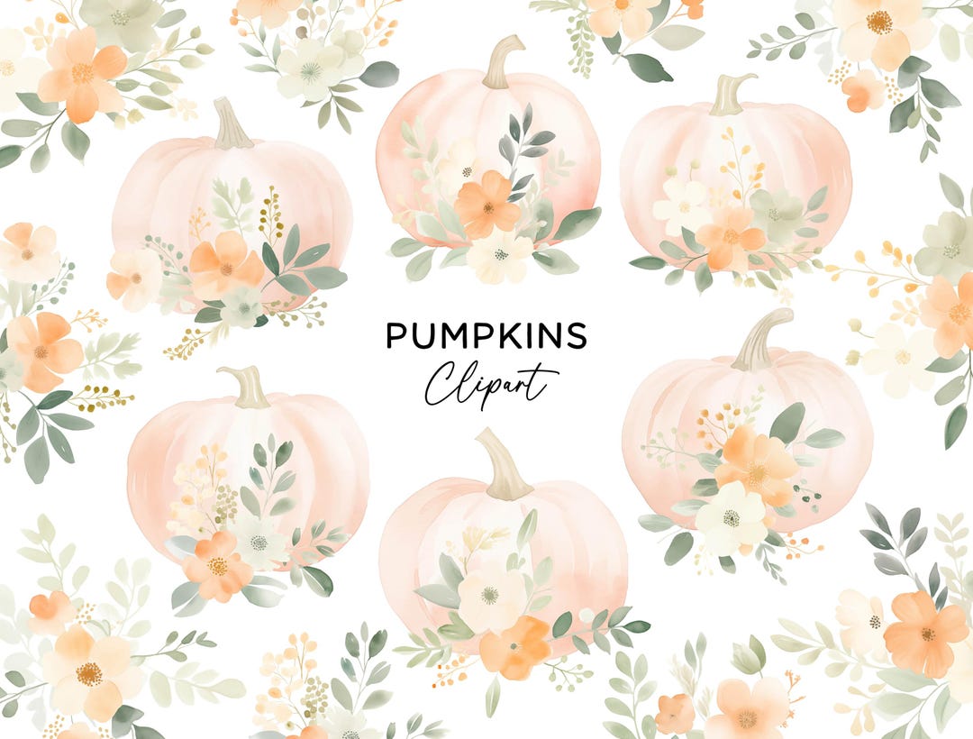 Pumpkin Clipart Bundle, PNG Digital Download Watercolor Floral Flower ...
