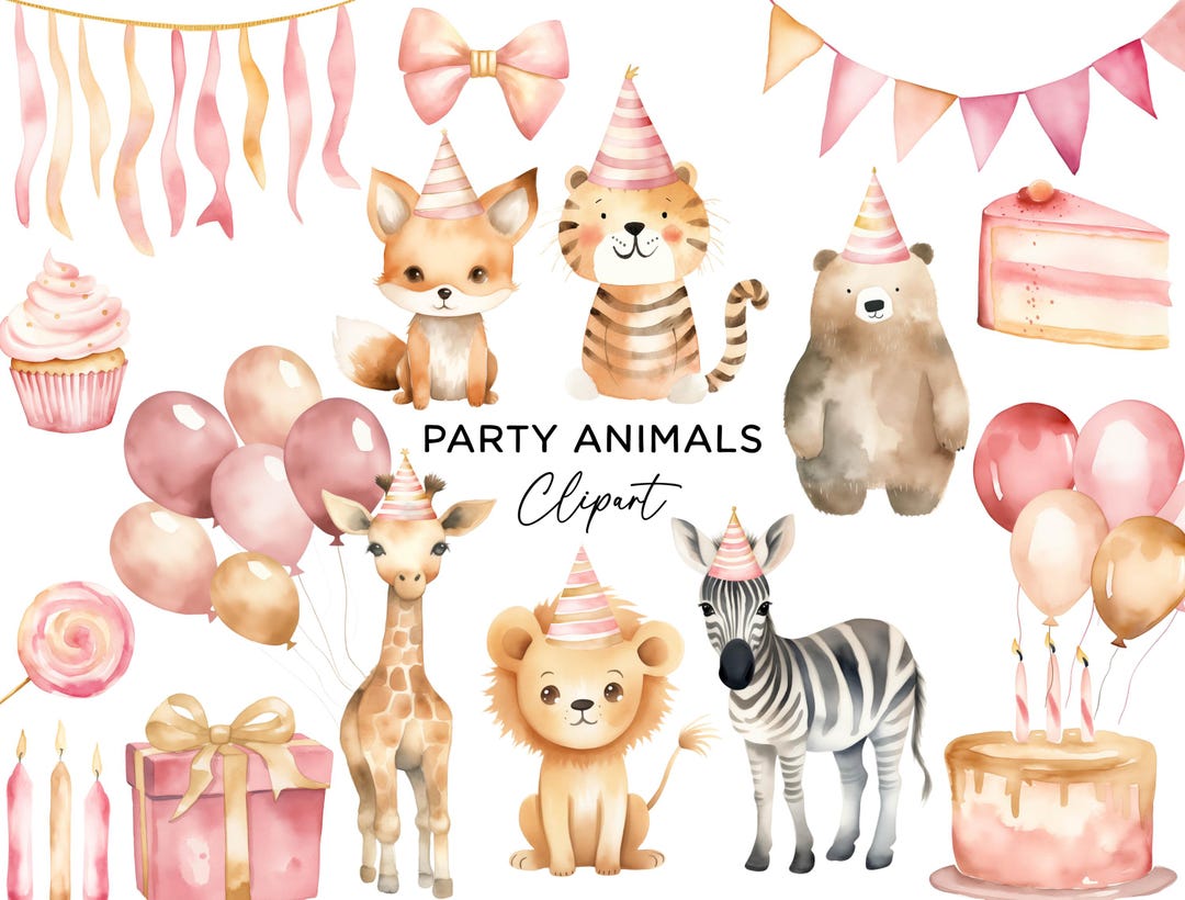 Party Animal Clipart Bundle, PNG Digital Download Watercolor Safari ...