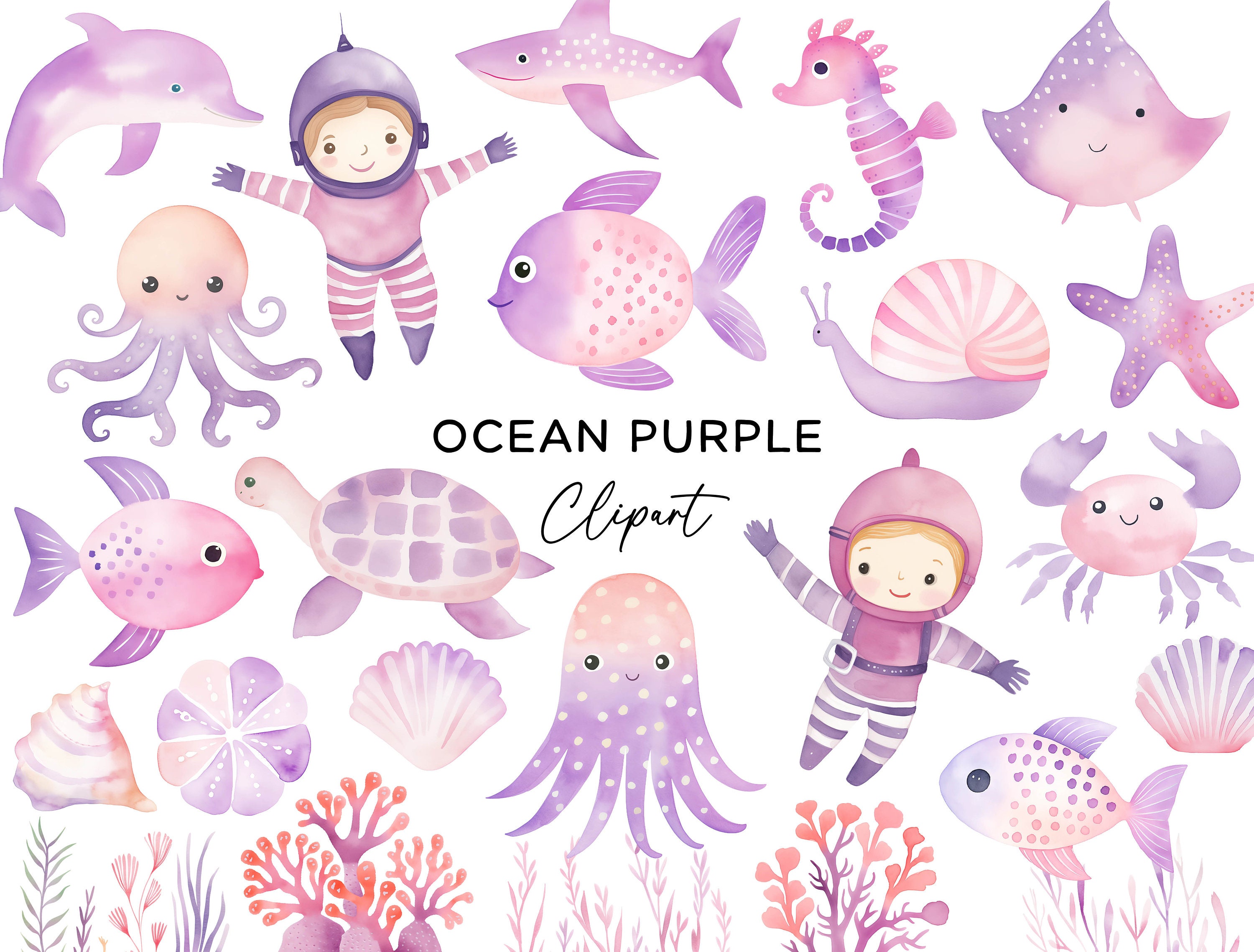 Ocean Clipart Bundle, Under the Sea Creatures Turtle Fish Dolphin Coral ...