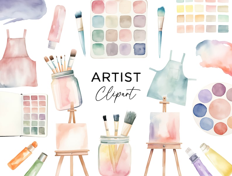 Artist Clipart Bundle - Watercolor Art Class Paintbrush Easel Canvas ...