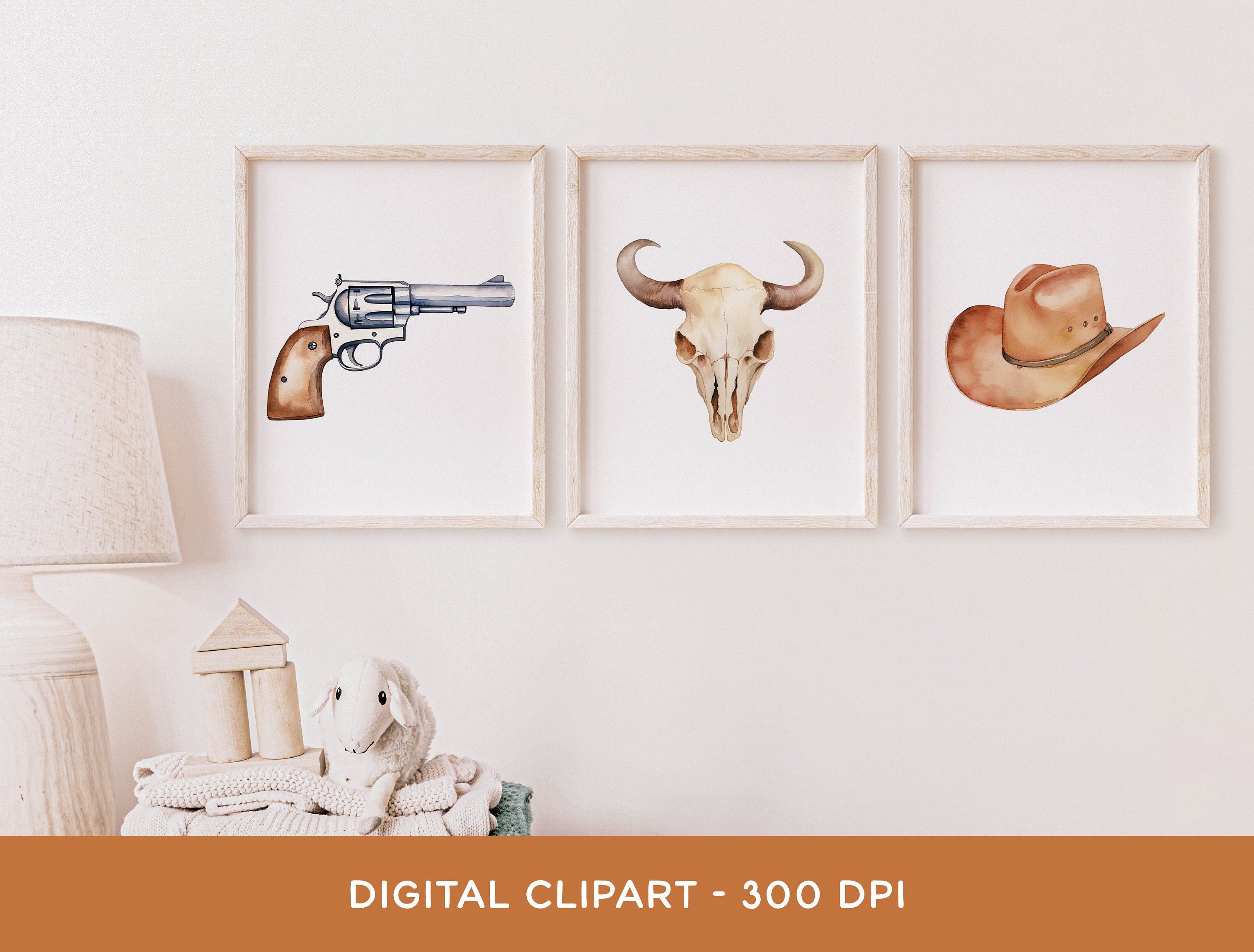 Cowboy Clipart Bundle, Watercolor Rodeo Western Boots Cactus Pistol Cow ...